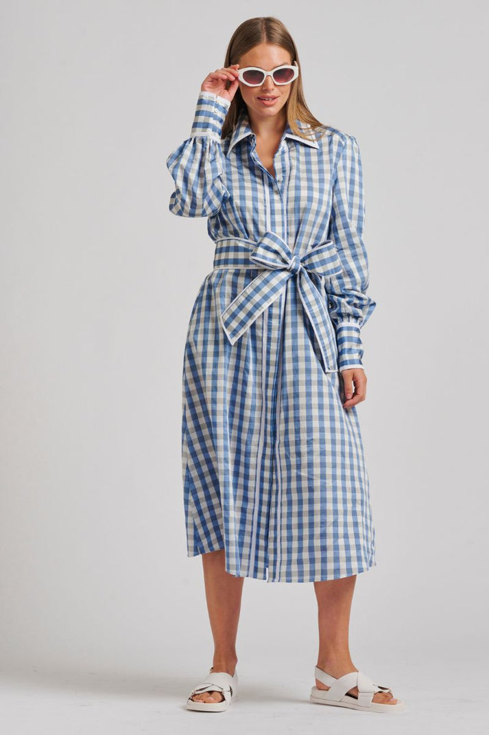 Octavia Longline Shirtdress- pale blue gingham – Lisa Kennedy Collections